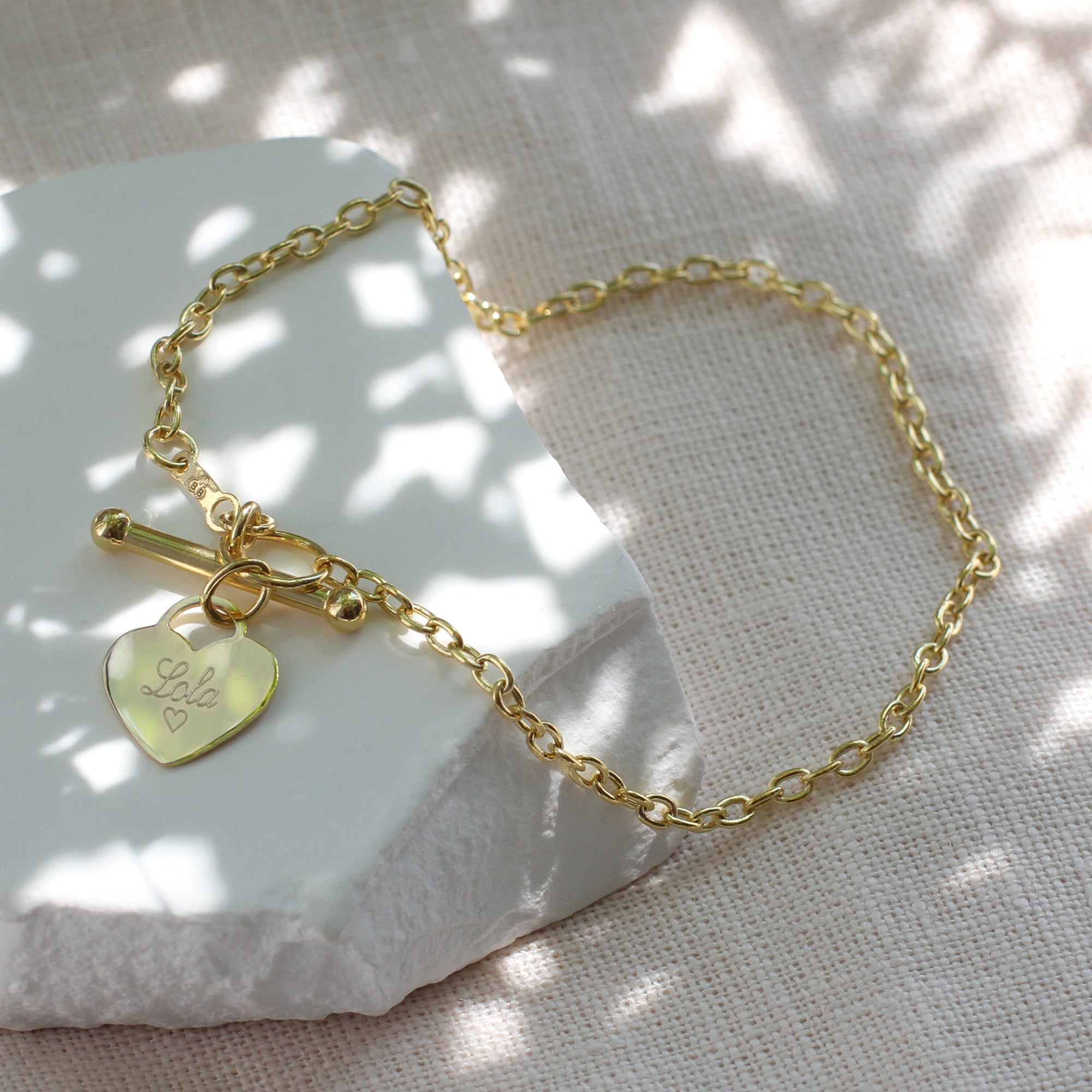 Personalised 9ct Yellow Gold Heart T-Bar Bracelet – Hurley Burley